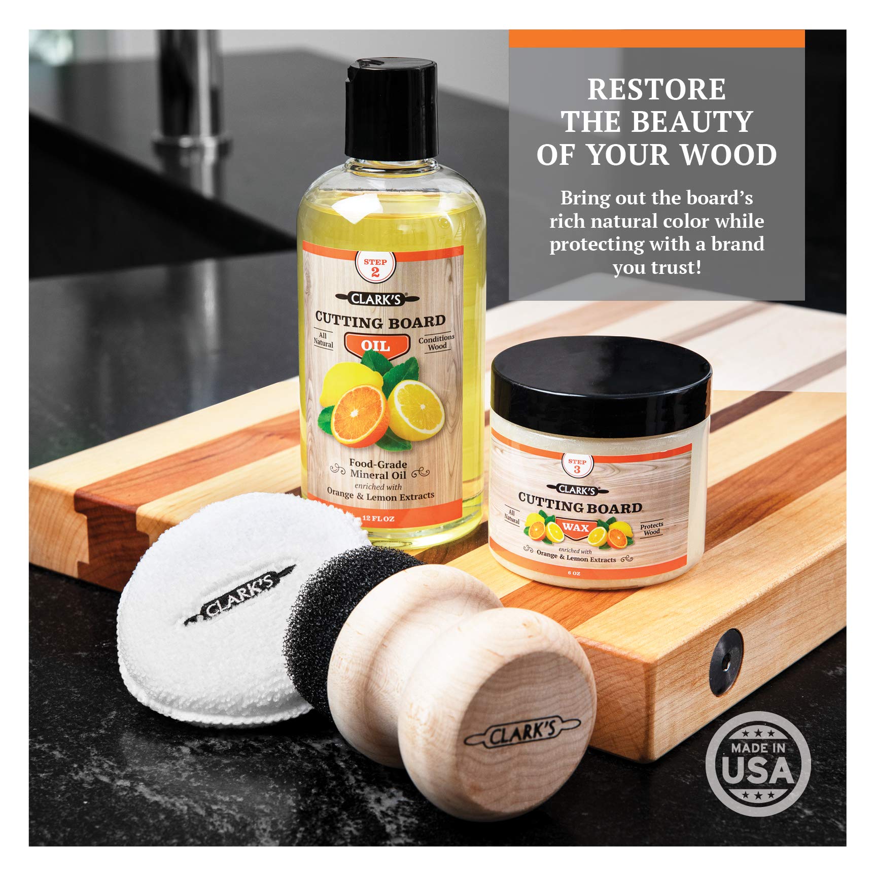 CLARK’S Cutting Board Oil and Wax Kit – Includes Food Grade Mineral Oil (12oz), Finishing Wax (6oz), Applicator, & Buffing Pad to Clean and Protect Wood, Enriched with Natural Lemon & Orange Extract