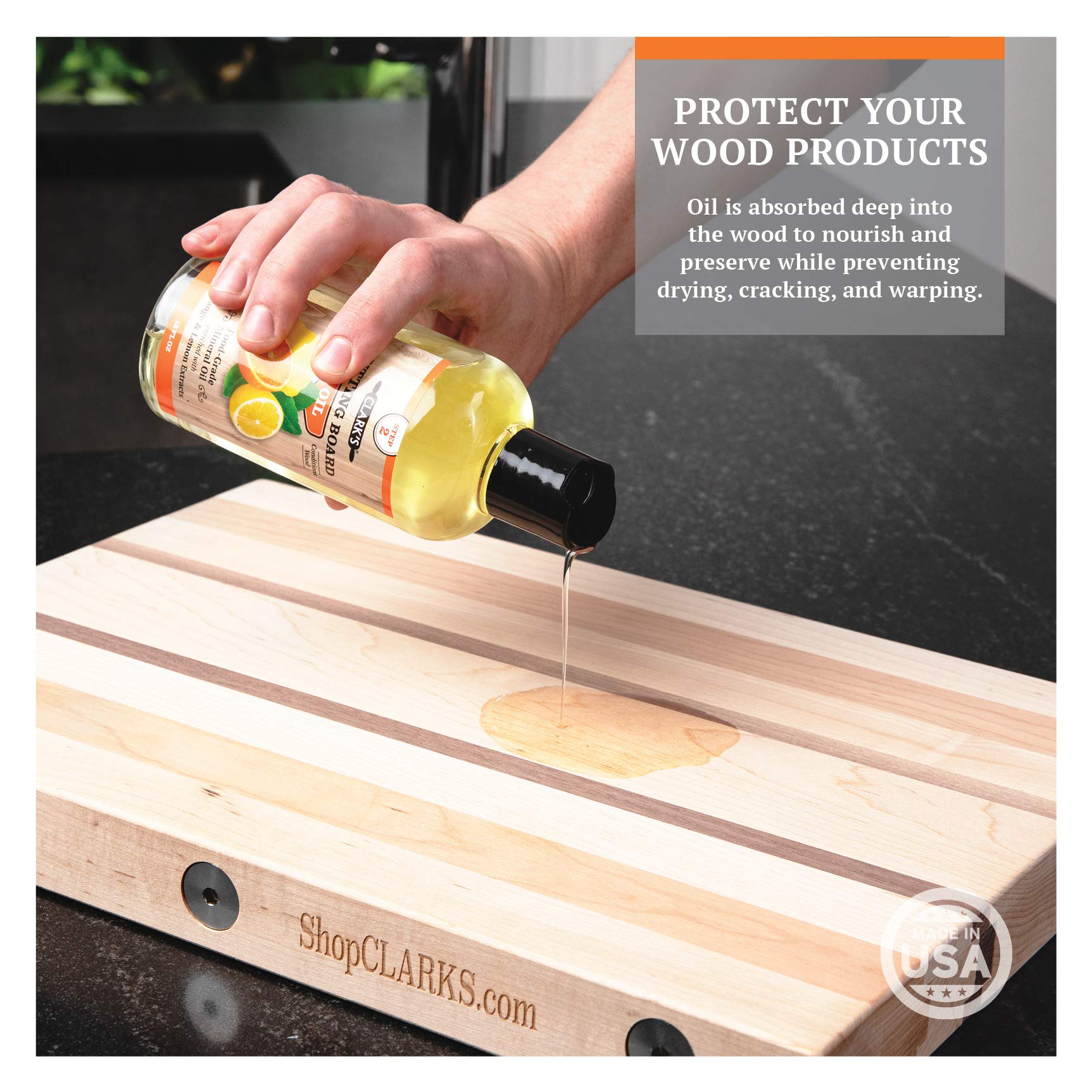 CLARK’S Cutting Board Oil and Wax Kit – Includes Food Grade Mineral Oil (12oz), Finishing Wax (6oz), Applicator, & Buffing Pad to Clean and Protect Wood, Enriched with Natural Lemon & Orange Extract