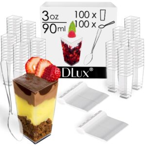 DLux 100 x 3 oz Mini Dessert Cups with Spoons, Square Tall - Clear Plastic Parfait Appetizer Cup - Small Reusable Serving Bowl for Party Desserts Appetizers - With Recipe Ebook