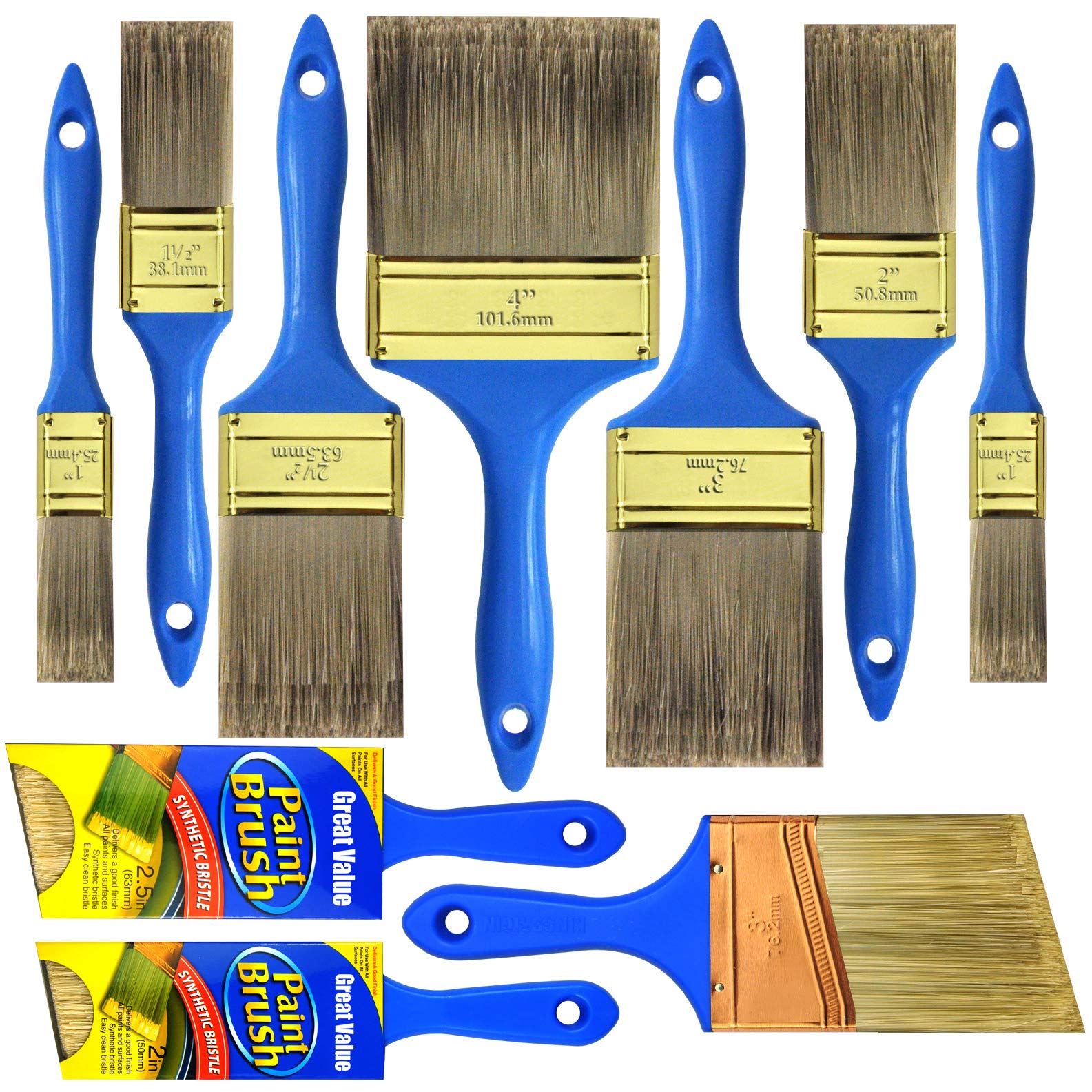 Great Andrew 10 Pack Professional Paint Brushes (4" 3" 2" 2.5" 1.5" 1" Flat & Angle) Painters Paint Brush Set, Paint Brushes for Walls, Painting Brushes Bulk, House Painting Tool Set Kit