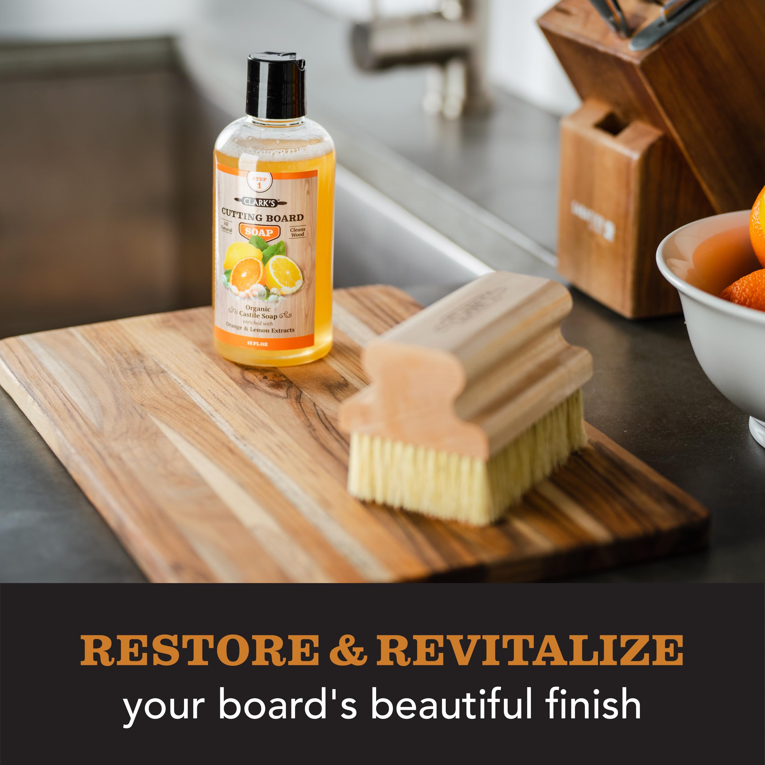 CLARK'S Cutting Board Organic Soap - Cleaner for Butcher Block, Countertop and Utensils - Enriched with Natural Orange & Lemon Extracts - Cleans and Restores Wood - Use Before Food Safe Mineral Oil