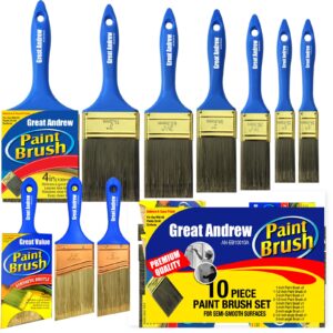 great andrew 10 pack professional paint brushes (4" 3" 2" 2.5" 1.5" 1" flat & angle) painters paint brush set, paint brushes for walls, painting brushes bulk, house painting tool set kit