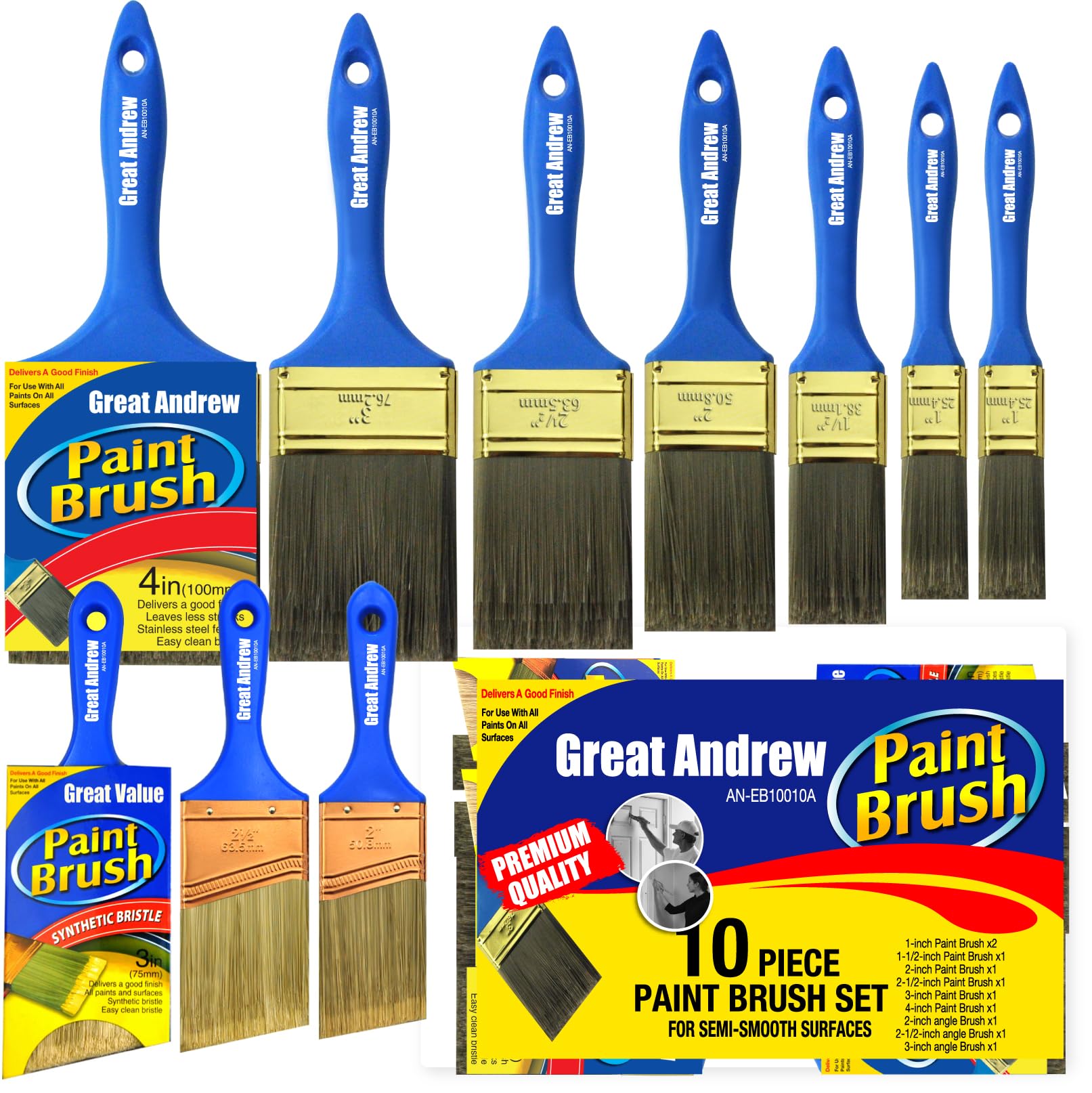 Great Andrew 10 Pack Professional Paint Brushes (4" 3" 2" 2.5" 1.5" 1" Flat & Angle) Painters Paint Brush Set, Paint Brushes for Walls, Painting Brushes Bulk, House Painting Tool Set Kit