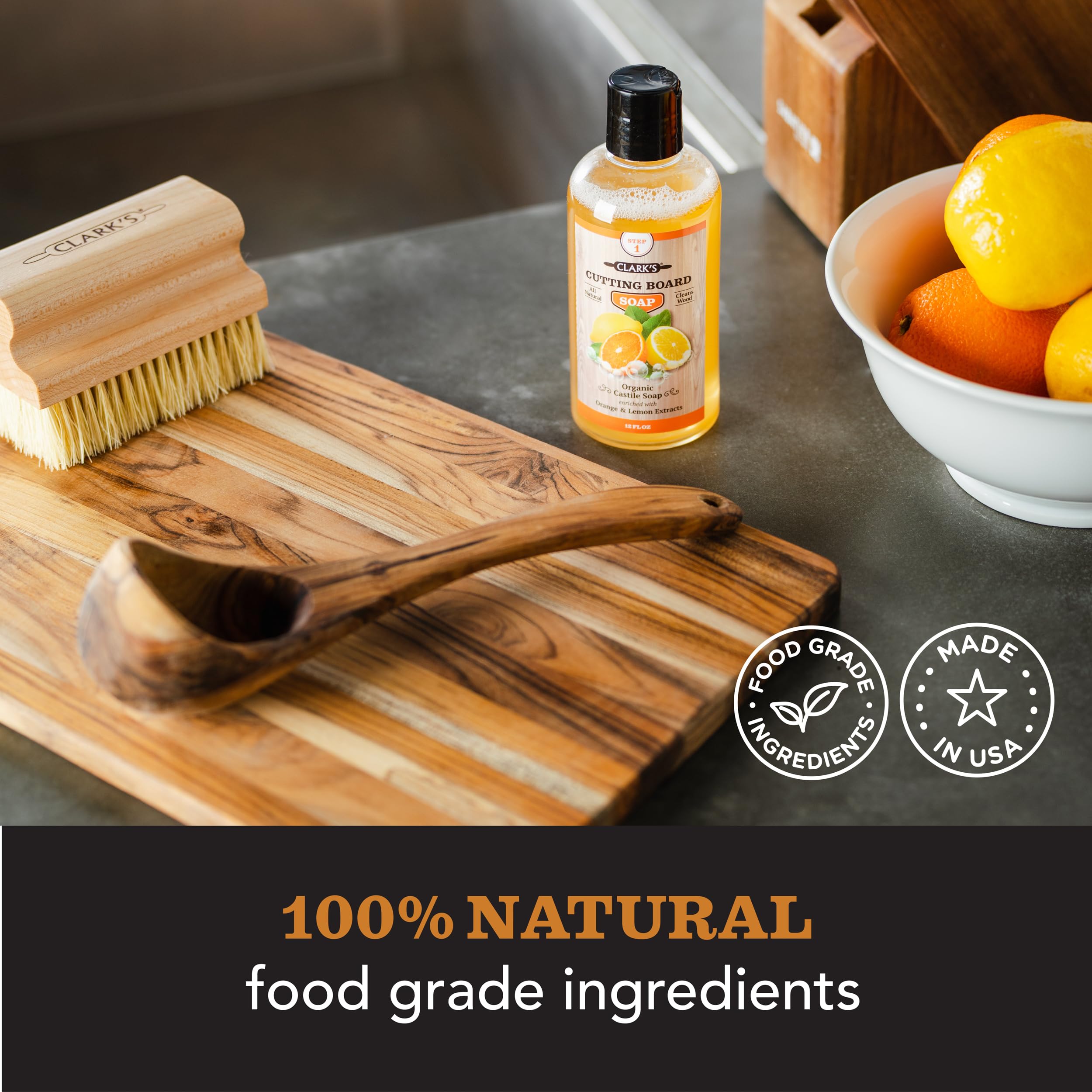 CLARK'S Cutting Board Organic Soap - Cleaner for Butcher Block, Countertop and Utensils - Enriched with Natural Orange & Lemon Extracts - Cleans and Restores Wood - Use Before Food Safe Mineral Oil