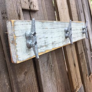 nautical distressed white over gray boat cleat coat rack, towel rack, hat rack, book bag rack, or key rack