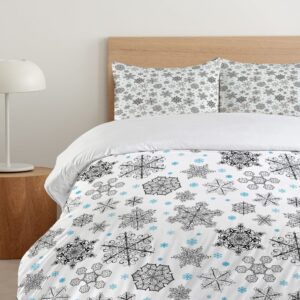 Ambesonne Snowflake Duvet Cover Set, Lace Style Arrangement of Snowflakes Winter Season Christmas Illustration, Decorative 3 Piece Bedding Set with 2 Pillow Shams, King Size, Blue Black White