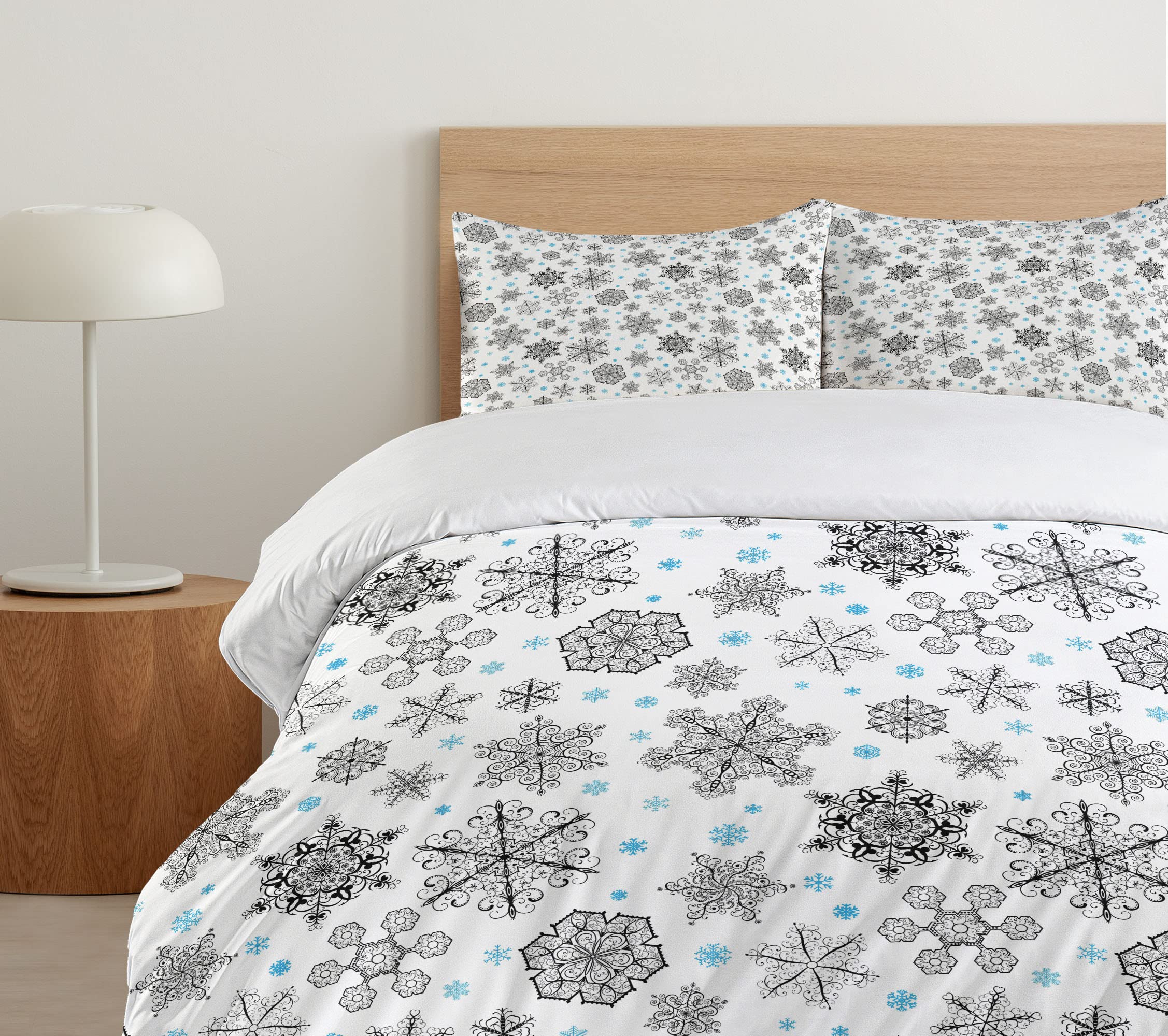 Ambesonne Snowflake Duvet Cover Set, Lace Style Arrangement of Snowflakes Winter Season Christmas Illustration, Decorative 3 Piece Bedding Set with 2 Pillow Shams, King Size, Blue Black White