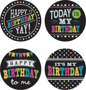 teacher created resources chalkboard brights happy birthday wear 'em badges, 2-3/8", multicolored