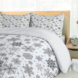 Ambesonne Snowflake Duvet Cover Set, Lace Style Arrangement of Snowflakes Winter Season Christmas Illustration, Decorative 3 Piece Bedding Set with 2 Pillow Shams, King Size, Blue Black White