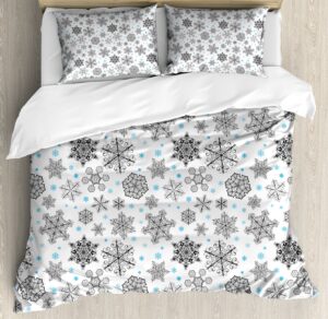 ambesonne snowflake duvet cover set, lace style arrangement of snowflakes winter season christmas illustration, decorative 3 piece bedding set with 2 pillow shams, king size, blue black white