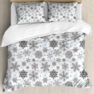 Ambesonne Snowflake Duvet Cover Set, Lace Style Arrangement of Snowflakes Winter Season Christmas Illustration, Decorative 3 Piece Bedding Set with 2 Pillow Shams, King Size, Blue Black White