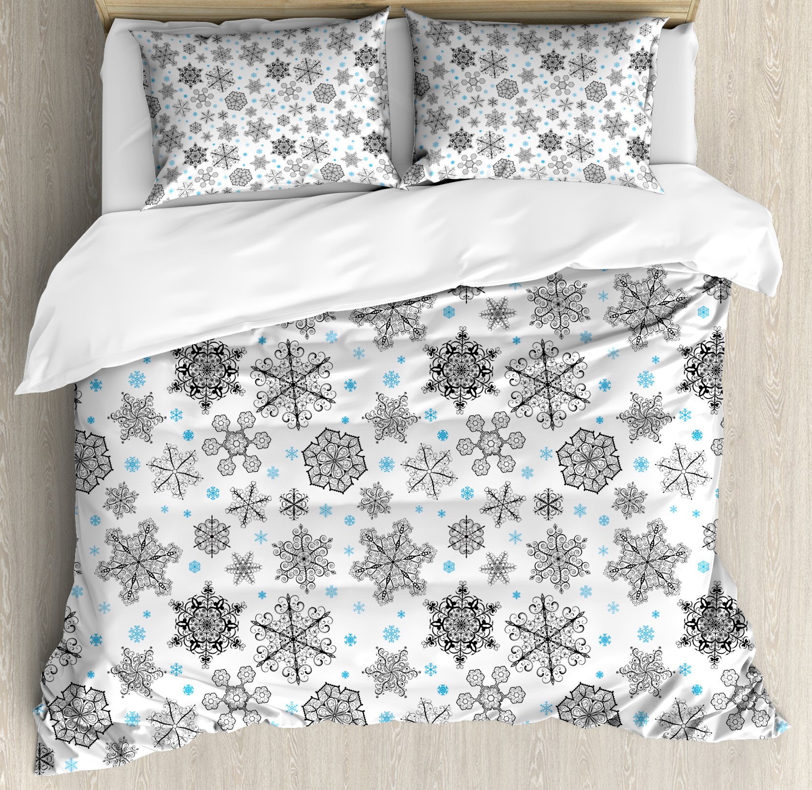 Ambesonne Snowflake Duvet Cover Set, Lace Style Arrangement of Snowflakes Winter Season Christmas Illustration, Decorative 3 Piece Bedding Set with 2 Pillow Shams, King Size, Blue Black White