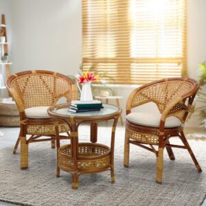 Set of 2 Pelangi Handmade Rattan Dining Wicker Chairs Colonial Color w/Cushion