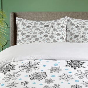 Ambesonne Snowflake Duvet Cover Set, Lace Style Arrangement of Snowflakes Winter Season Christmas Illustration, Decorative 3 Piece Bedding Set with 2 Pillow Shams, King Size, Blue Black White