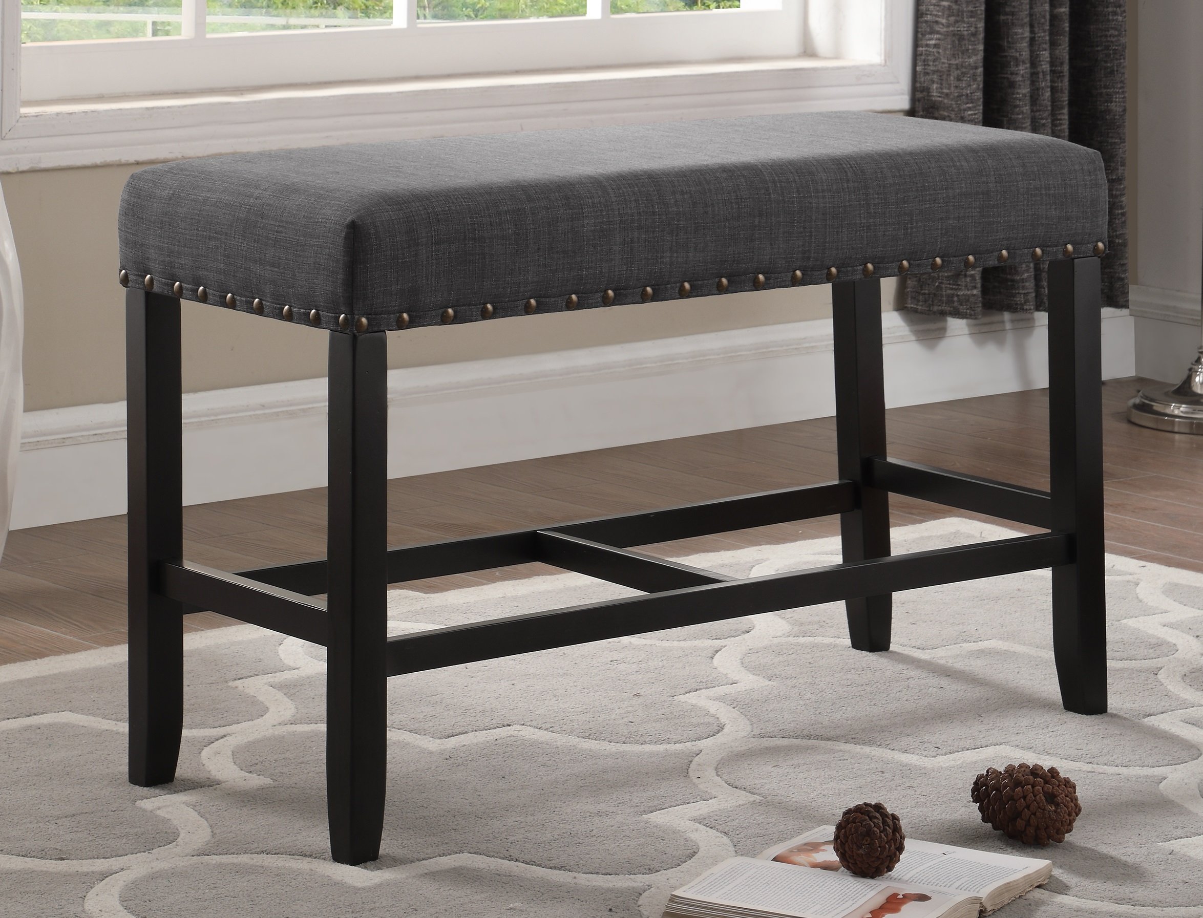 Roundhill Furniture Biony Fabric Counter Height Dining Bench with Nailhead Trim, Grey