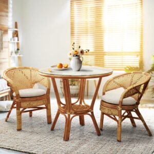 Set of 2 Pelangi Handmade Rattan Dining Wicker Chairs Colonial Color w/Cushion