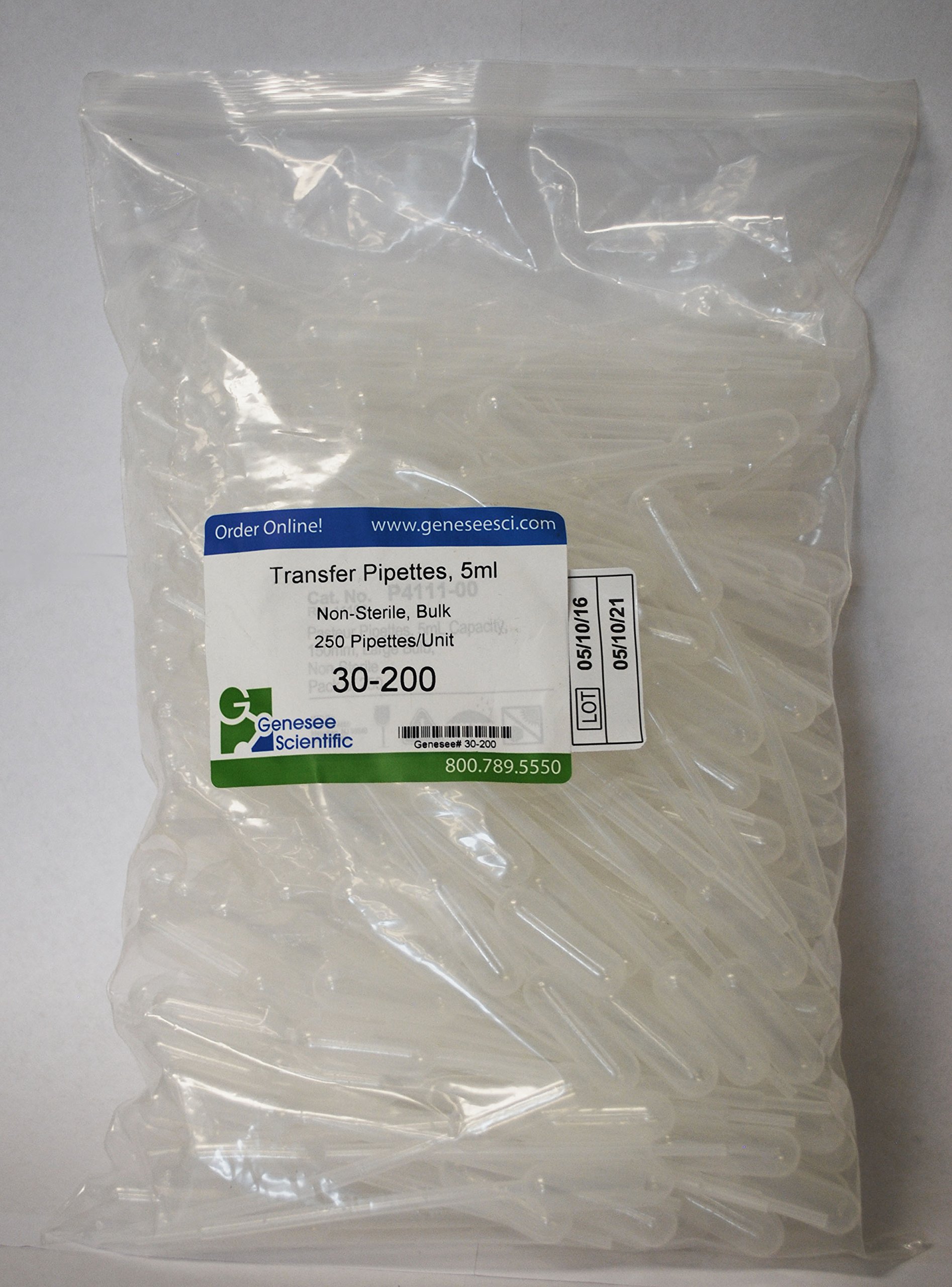 Transfer Pipettes, 5ml, Non-Sterile, Bulk, 250 Pipettes/Unit