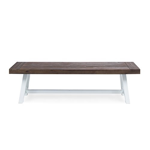 GDFStudio Indoor Farmhouse Dark Brown Sandblast Finish Acacia Wood Dining Bench with White Rustic Metal Finish Frame