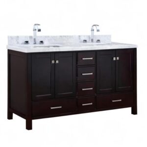 ARIEL Cambridge A061DCWRVOESP 61" Inch Double Sink Bathroom Vanity Cabinet in Espresso with Carrara White Marble Countertop Rectangular Sinks