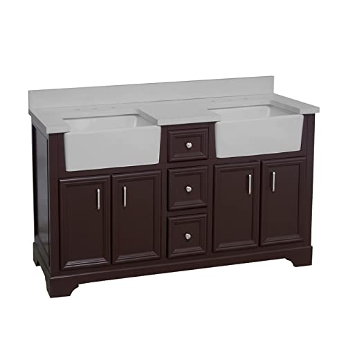 Kitchen Bath Collection Zelda 60-inch Double Farmhouse Vanity (Quartz/Chocolate): Includes Chocolate Cabinet with Stunning Quartz Countertop and White Ceramic Farmhouse Apron Sinks