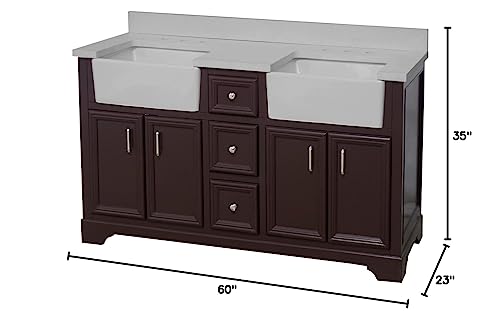 Kitchen Bath Collection Zelda 60-inch Double Farmhouse Vanity (Quartz/Chocolate): Includes Chocolate Cabinet with Stunning Quartz Countertop and White Ceramic Farmhouse Apron Sinks