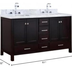 ARIEL Cambridge A061DCWRVOESP 61" Inch Double Sink Bathroom Vanity Cabinet in Espresso with Carrara White Marble Countertop Rectangular Sinks