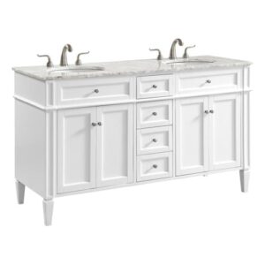 elegant kitchen and bath 60 inch double bathroom vanity cabinet set with white marble countertop - white