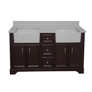 Kitchen Bath Collection Zelda 60-inch Double Farmhouse Vanity (Quartz/Chocolate): Includes Chocolate Cabinet with Stunning Quartz Countertop and White Ceramic Farmhouse Apron Sinks