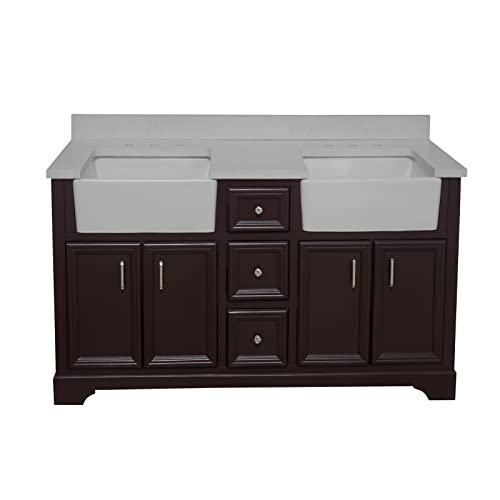 Kitchen Bath Collection Zelda 60-inch Double Farmhouse Vanity (Quartz/Chocolate): Includes Chocolate Cabinet with Stunning Quartz Countertop and White Ceramic Farmhouse Apron Sinks