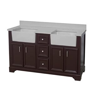 Kitchen Bath Collection Zelda 60-inch Double Farmhouse Vanity (Quartz/Chocolate): Includes Chocolate Cabinet with Stunning Quartz Countertop and White Ceramic Farmhouse Apron Sinks