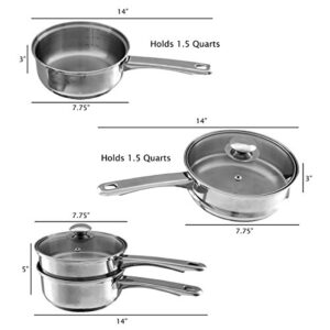 6 Cup Double Boiler Pot Set – 1.5 Quart Stainless-Steel Saucepan 2-in-1 with Vented Glass Lid – Kitchen Cookware with Measurements by Classic Cuisine