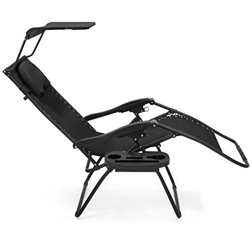 Best Choice Products Oversized Steel Mesh Zero Gravity Reclining Lounge Patio Chair w/Folding Canopy Shade and Cup Holder, Black