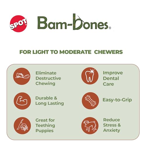 SPOT Bam-Bones Wishbone - Made with Strong Bamboo Fiber, Durable Long Lasting Dog Chew for Light to Moderate Chewers, Great Toy for Adult Dogs & Teething Puppies Under 50lbs, 7in, Bacon Flavor