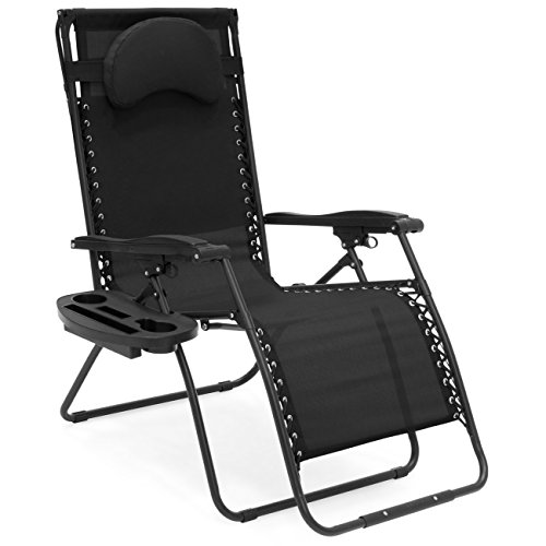 Best Choice Products Oversized Steel Mesh Zero Gravity Reclining Lounge Patio Chair w/Folding Canopy Shade and Cup Holder, Black