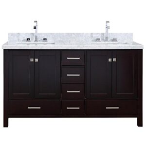 ariel cambridge a061dcwrvoesp 61" inch double sink bathroom vanity cabinet in espresso with carrara white marble countertop rectangular sinks