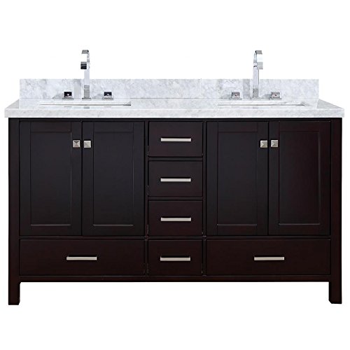 ARIEL Cambridge A061DCWRVOESP 61" Inch Double Sink Bathroom Vanity Cabinet in Espresso with Carrara White Marble Countertop Rectangular Sinks