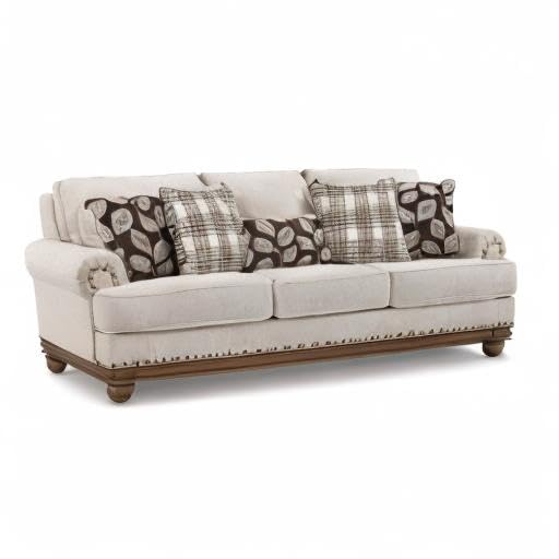 Signature Design by Ashley Harleson Modern Farmhouse Sofa with Nailhead Trim and 5 Accent Pillows, Beige