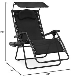 Best Choice Products Oversized Steel Mesh Zero Gravity Reclining Lounge Patio Chair w/Folding Canopy Shade and Cup Holder, Black