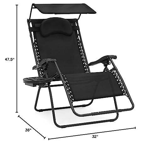 Best Choice Products Oversized Steel Mesh Zero Gravity Reclining Lounge Patio Chair w/Folding Canopy Shade and Cup Holder, Black