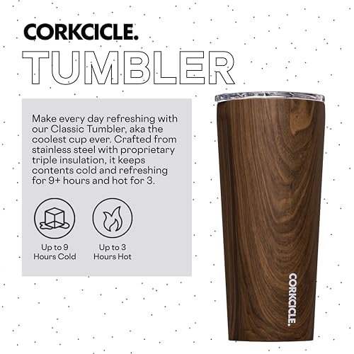 Corkcicle Classic Triple Insulated Coffee Mug with Lid, Walnut Wood, 24 oz – Stainless Steel Travel Tumbler Keeps Beverages Cold 9+hrs, Hot 3hrs