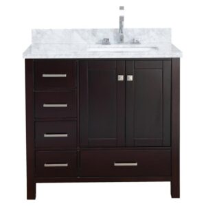 ariel cambridge a037srcwrvoesp 37” inch single right offset rectangular sink solid wood espresso bathroom vanity with 1.5" inch edge white carrara marble countertop