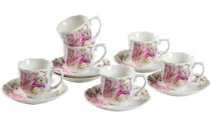 guangyang gy 12 pcs tea set - 7oz new bone china tea cups and saucers with pink flower pattern porcelain cups for mocha cappuccino tea and coffee