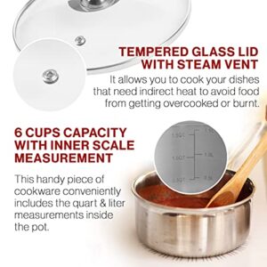 6 Cup Double Boiler Pot Set – 1.5 Quart Stainless-Steel Saucepan 2-in-1 with Vented Glass Lid – Kitchen Cookware with Measurements by Classic Cuisine