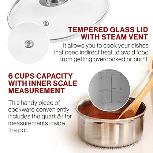 6 Cup Double Boiler Pot Set – 1.5 Quart Stainless-Steel Saucepan 2-in-1 with Vented Glass Lid – Kitchen Cookware with Measurements by Classic Cuisine