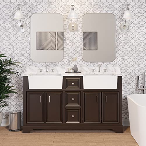 Kitchen Bath Collection Zelda 60-inch Double Farmhouse Vanity (Quartz/Chocolate): Includes Chocolate Cabinet with Stunning Quartz Countertop and White Ceramic Farmhouse Apron Sinks