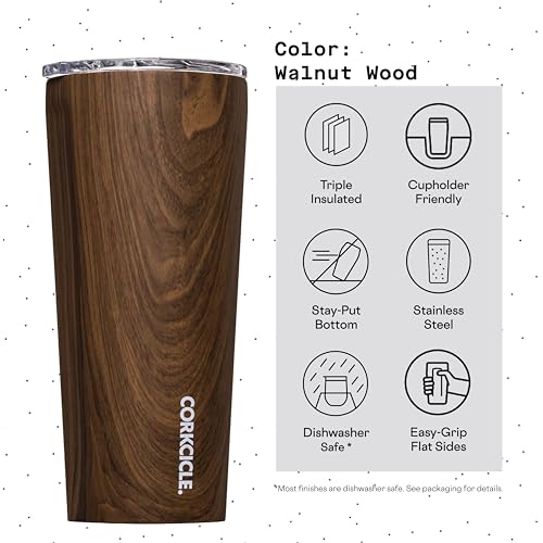 Corkcicle Classic Triple Insulated Coffee Mug with Lid, Walnut Wood, 24 oz – Stainless Steel Travel Tumbler Keeps Beverages Cold 9+hrs, Hot 3hrs