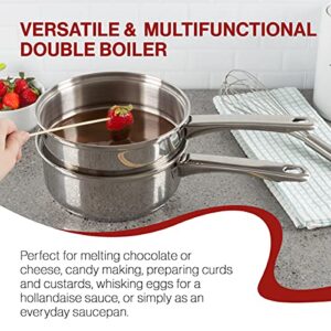 6 Cup Double Boiler Pot Set – 1.5 Quart Stainless-Steel Saucepan 2-in-1 with Vented Glass Lid – Kitchen Cookware with Measurements by Classic Cuisine