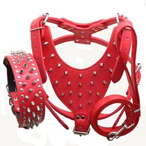 haoyueer leather spiked studded medium & large dog collars, harnesses & leashes 3pcs matching set for pit bull,mastiff, boxer, bull terrier(red,l)