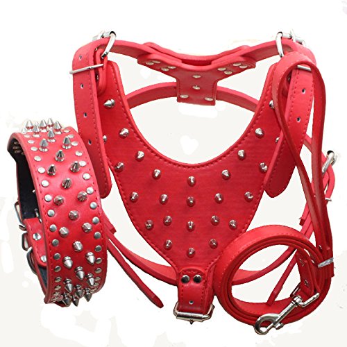 haoyueer Leather Spiked Studded Medium & Large Dog Collars, Harnesses & Leashes 3Pcs Matching Set for Pit Bull,Mastiff, Boxer, Bull Terrier(Red,L)