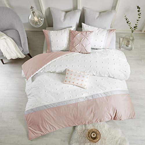 Urban Habitat Duvet Set 100% Cotton Jacquard, Tufts Accent, Shabby Chic All Season Cover for Comforter, Matching Shams, Decorative Pillows, King/California King (104 in x 92 in), Blush/Ivory 7 Piece